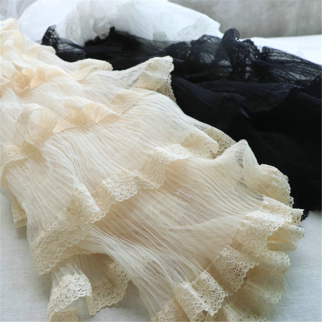 Beige /black Ruffle Fabric, Ruffled Tulle Fabric, Pleated Tulle Lace ...