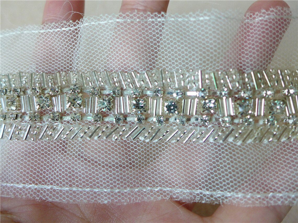 New Crystal Beaded Trim Rhinestone Mesh Lace Fabric Trim - Etsy