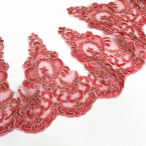Red Lace Alencon Embroidery Sequins Lace Trim for Bridal - Etsy