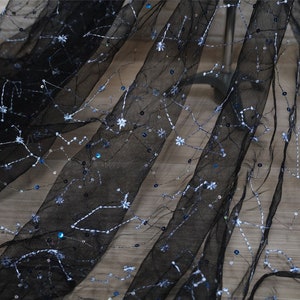 Unique Constellation Embroidery Lace Fabric, Sequins Navy Mesh Lace ...