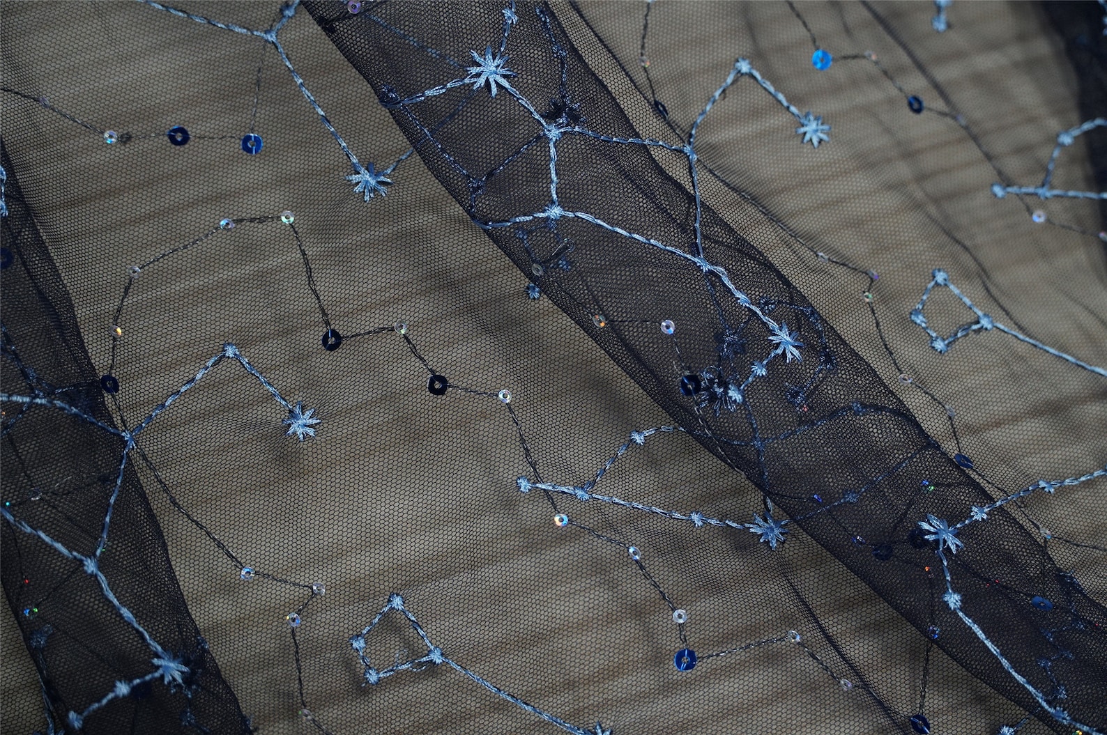 Unique Constellation Embroidery Lace Fabric, Sequins Navy Mesh Lace ...