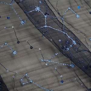 Unique Constellation Embroidery Lace Fabric, Sequins Navy Mesh Lace ...