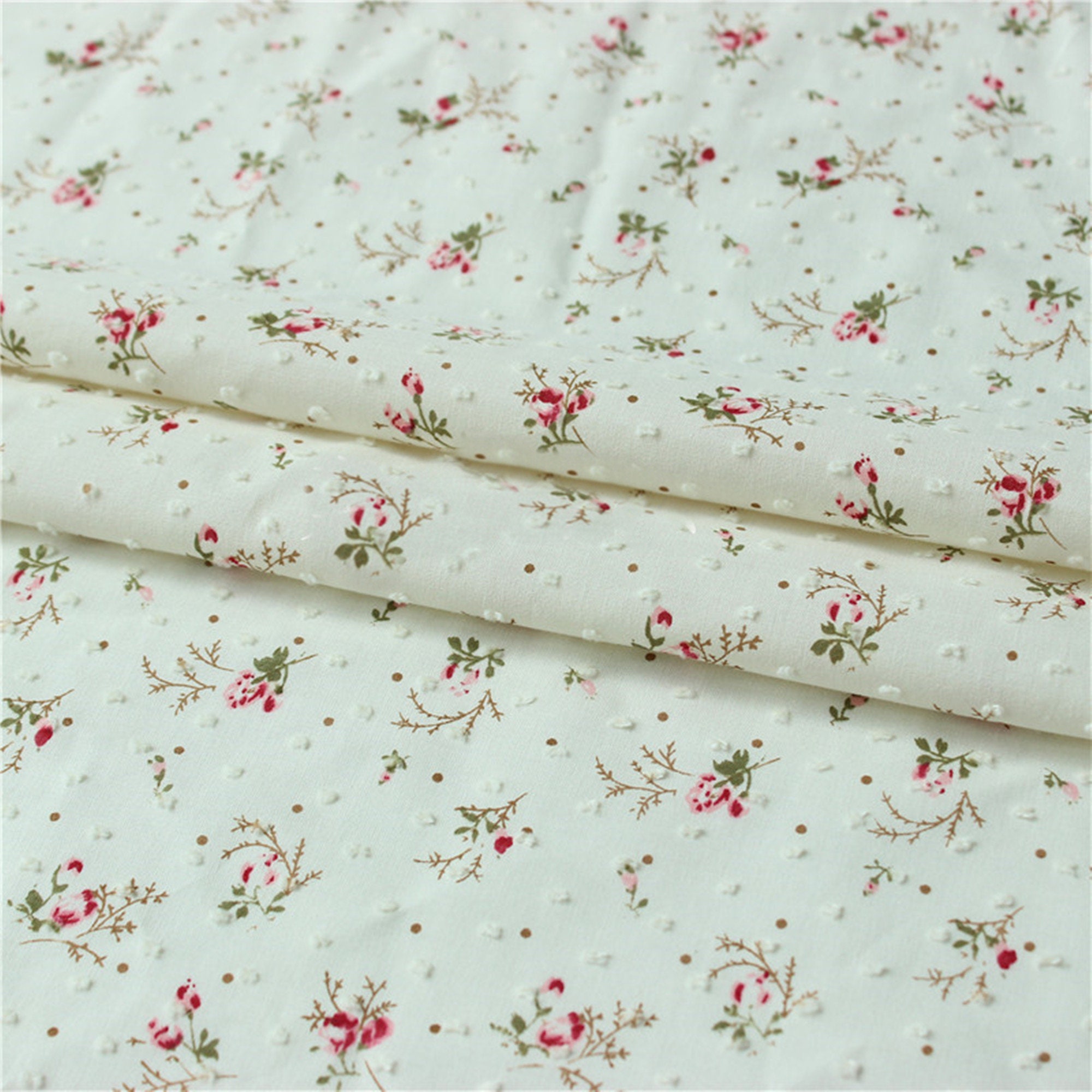 Exquisite Small Flowers Print Cotton Fabric With 3D Polka Dots, Cotton ...