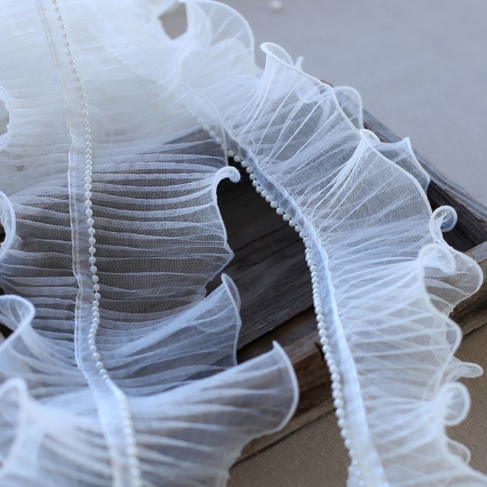 Ruffled Mesh Lace Trim With Beads, Ruffle Tulle Lace, Pleated Lace Trim ...