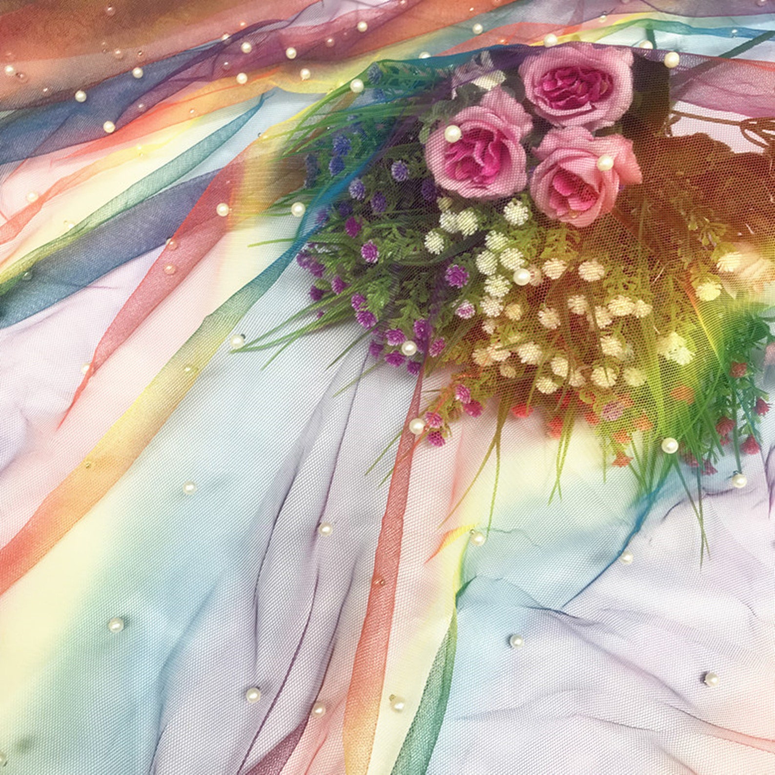 Rainbow Tulle Lace Fabric, Dreamy Rainbow Beaded Tulle Fabric, Ombre ...
