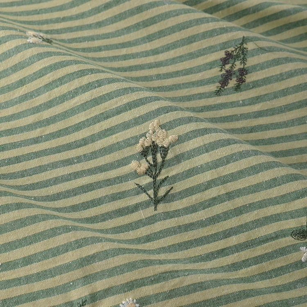 Pretty Main Cotton Fabric, Little Polyester Linen, Green Stripes Flower ...