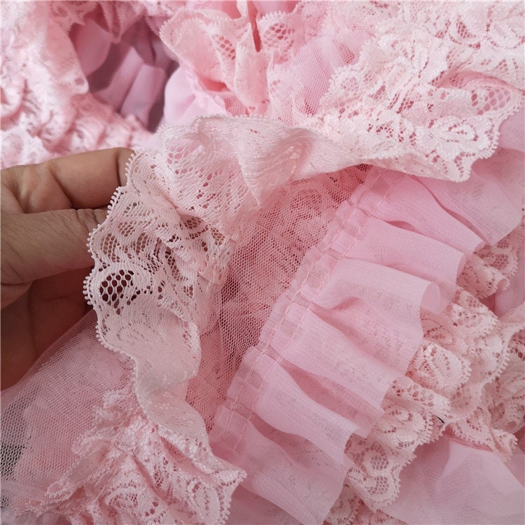 3 Layers Pink Ruffled Lace Trim Chiffon Ruffle Trim Elastic | Etsy