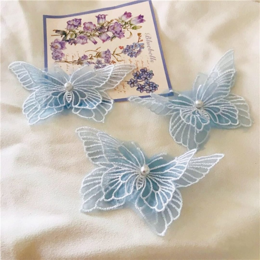 Butterfly Lace Applique, Light Blue Pearl Butterfly Patch, Sew-on/ Iron ...