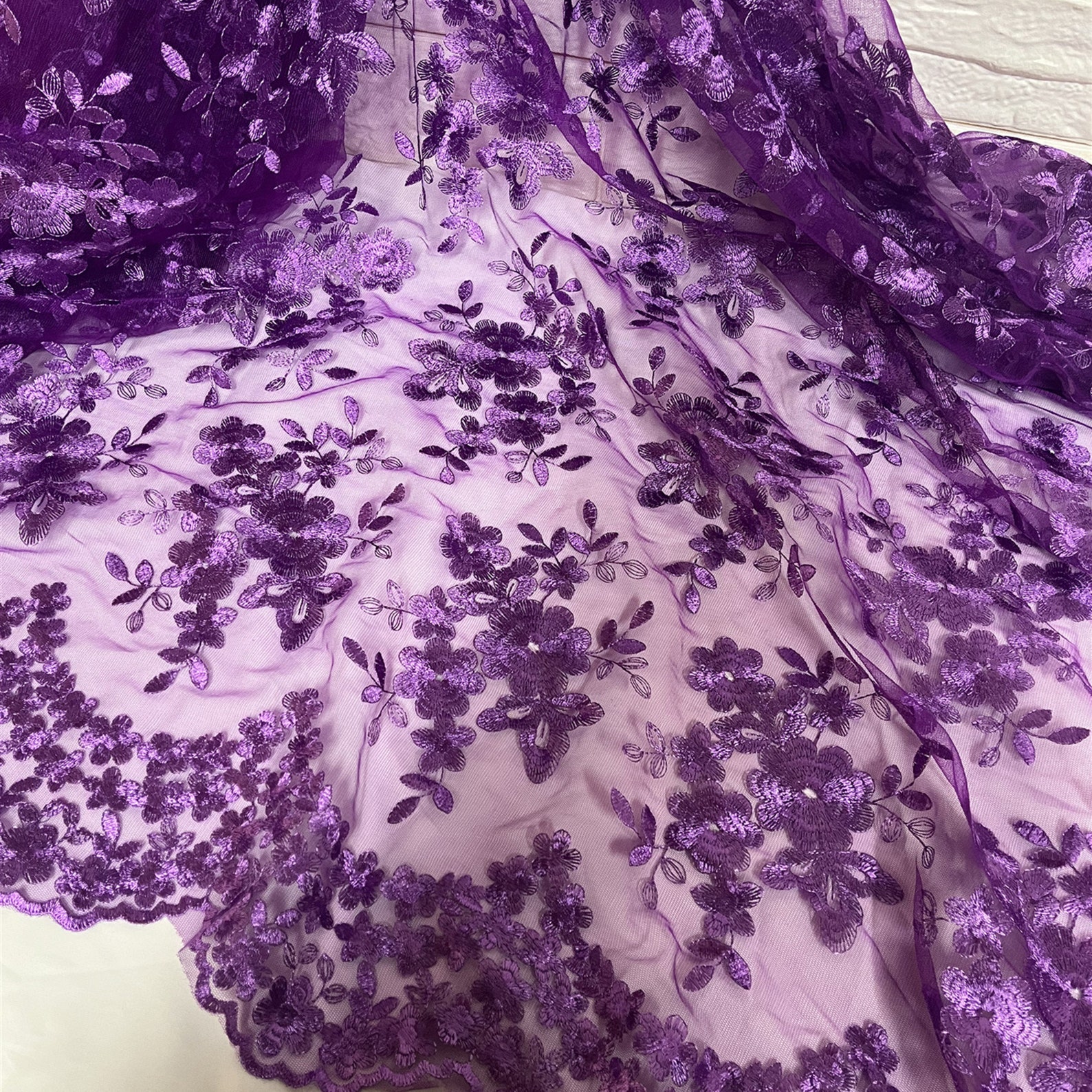 Purple Lace Fabric, Floral Flower Embroidered Lace Fabric, Scalloped ...