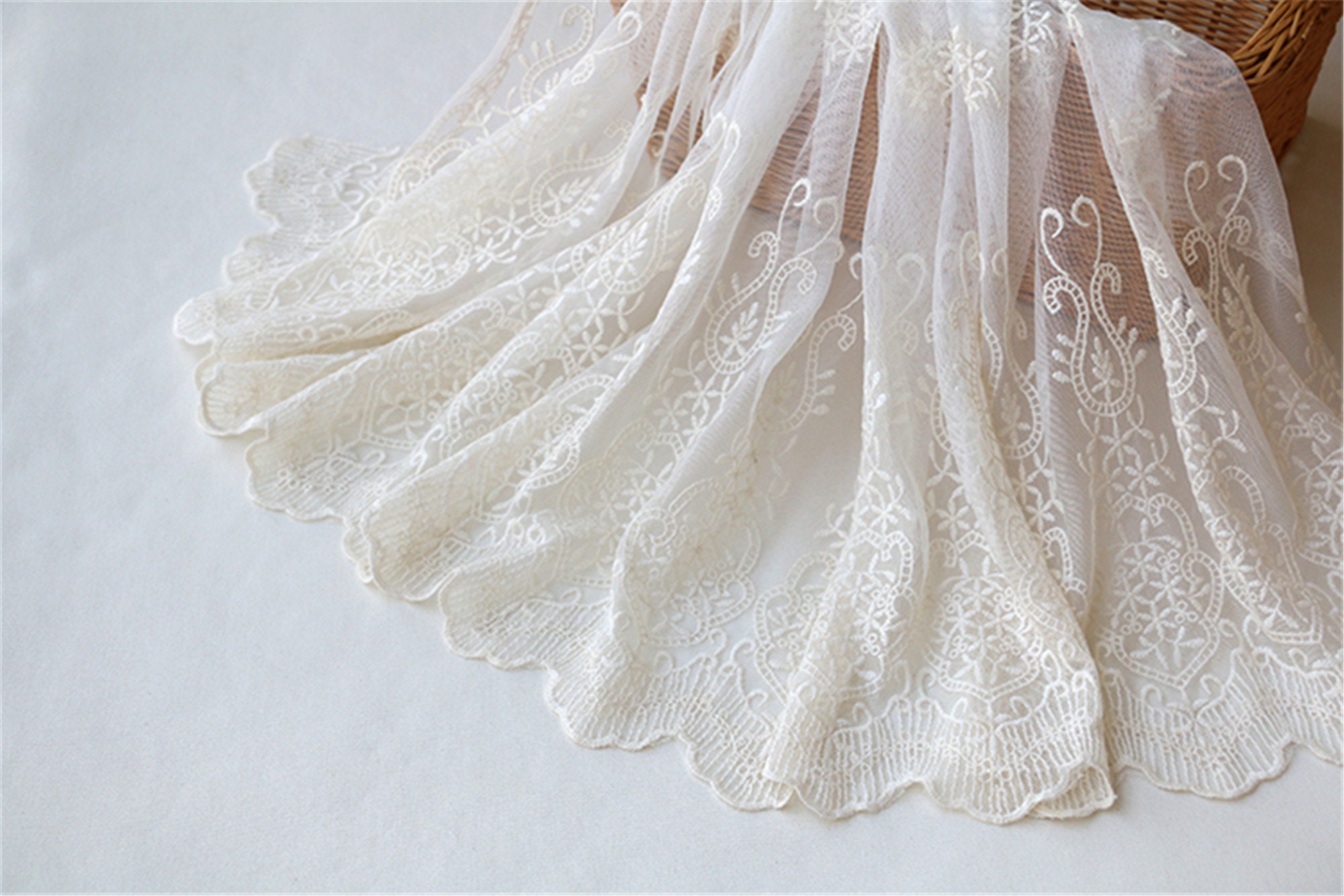 Super Wide Lace Trim Beige Floral Embroidered Tulle Lace | Etsy