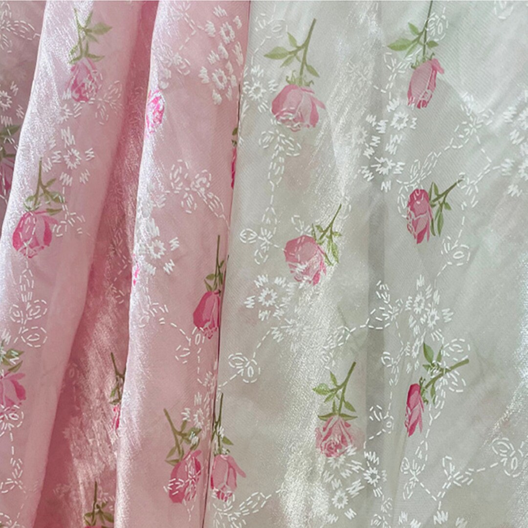 Beautiful Pink Rose Flowers Print Organza Fabric, Glimmer Organza Lace ...