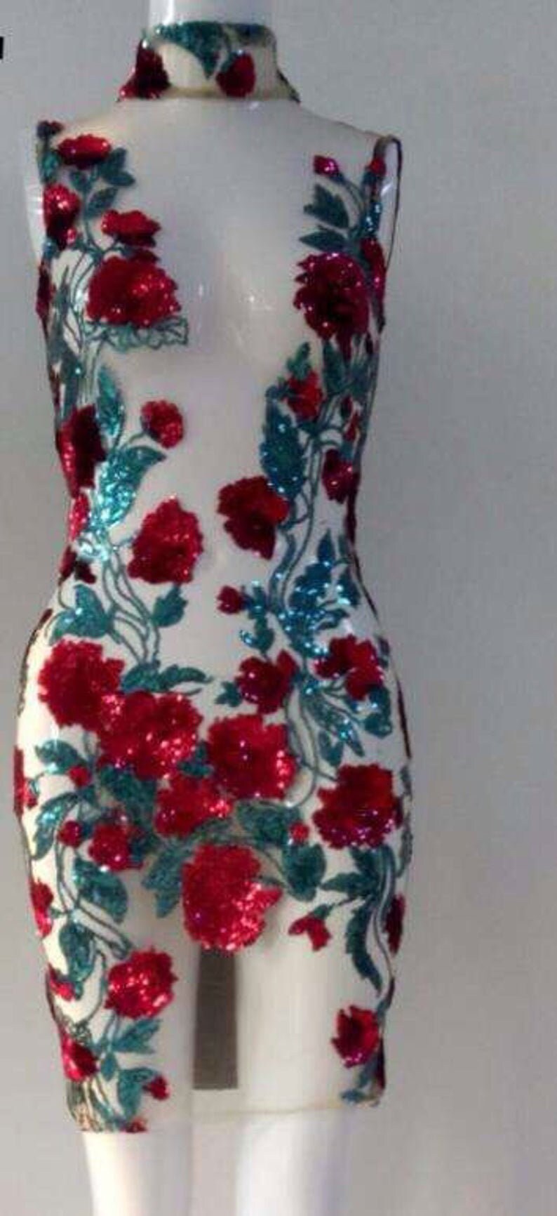 Large Sequined Rose Flower Lace Applique Dark Cyan Sequins | Etsy