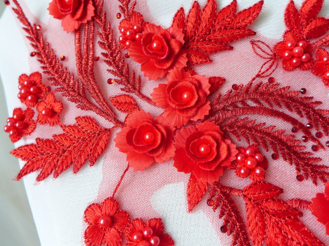 Beautiful 3D Flower Red Beaded Applique Embroidery Beaded - Etsy