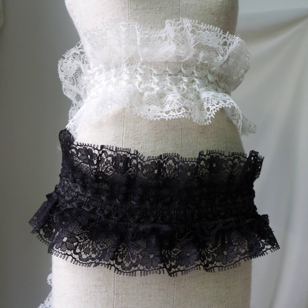 Off White/black Ruffles Lace Trim, Chic Pleated Lace Trim, Lace Ruffled ...