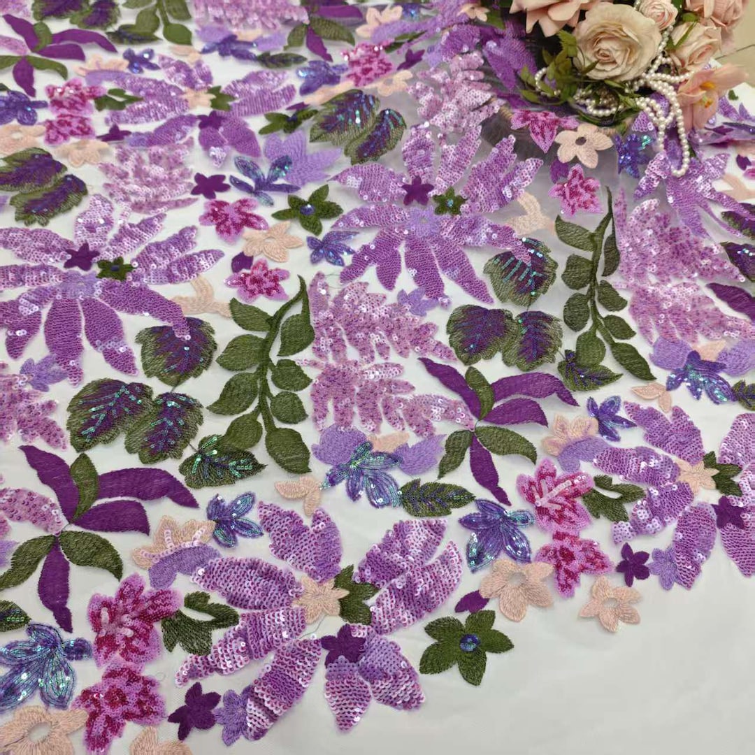 Purple Flower Sequined Lace Fabric, Green Leaf 3D Floral Embroidered ...