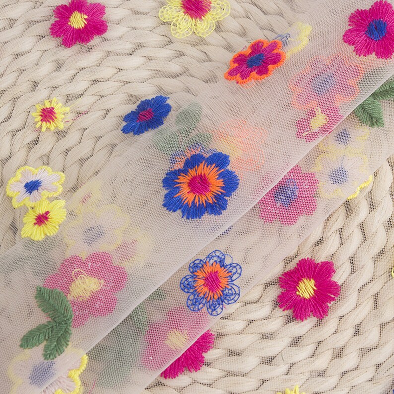 Colorful Embroidery Tulle Lace Fabric, Multi Color Embroidered Floral ...