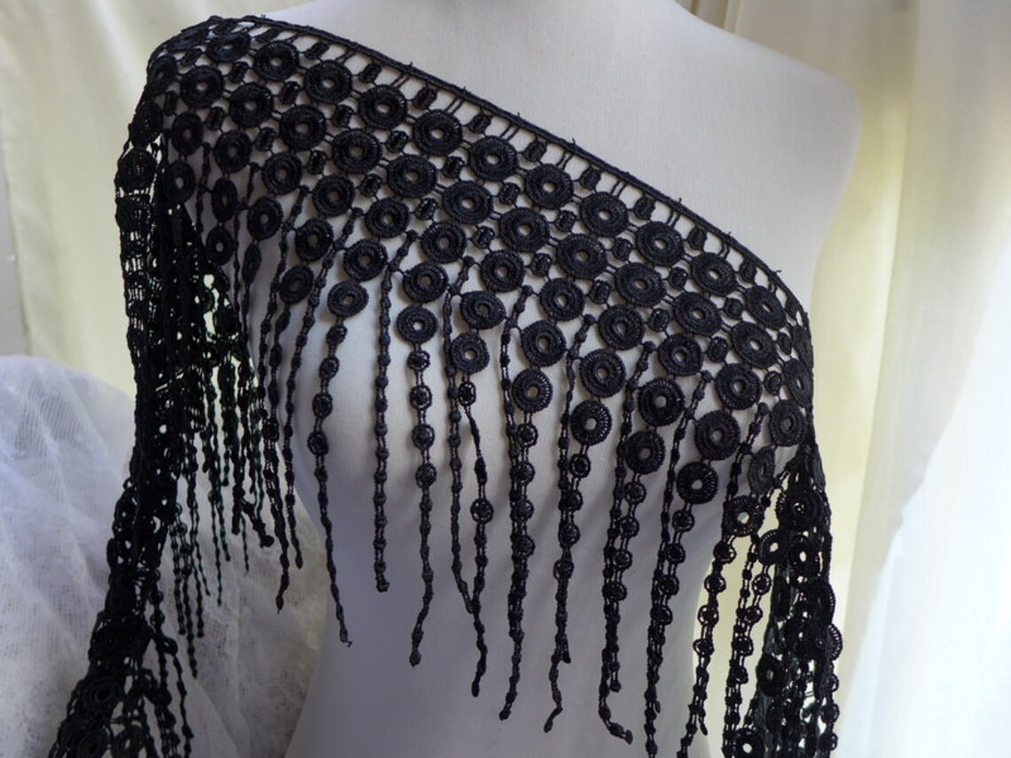 Black Lace Trim Victorian Fringe Lace Wide Black Dots Tassels | Etsy