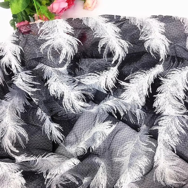 Black, White Feather Lace Fabric, Feather Embroidery Tulle Mesh Fabric ...