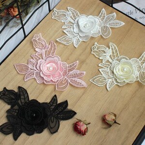 5 Pcs 3D Lace Flower Patch, Organza Floral Applique, Pearl Beaded ...