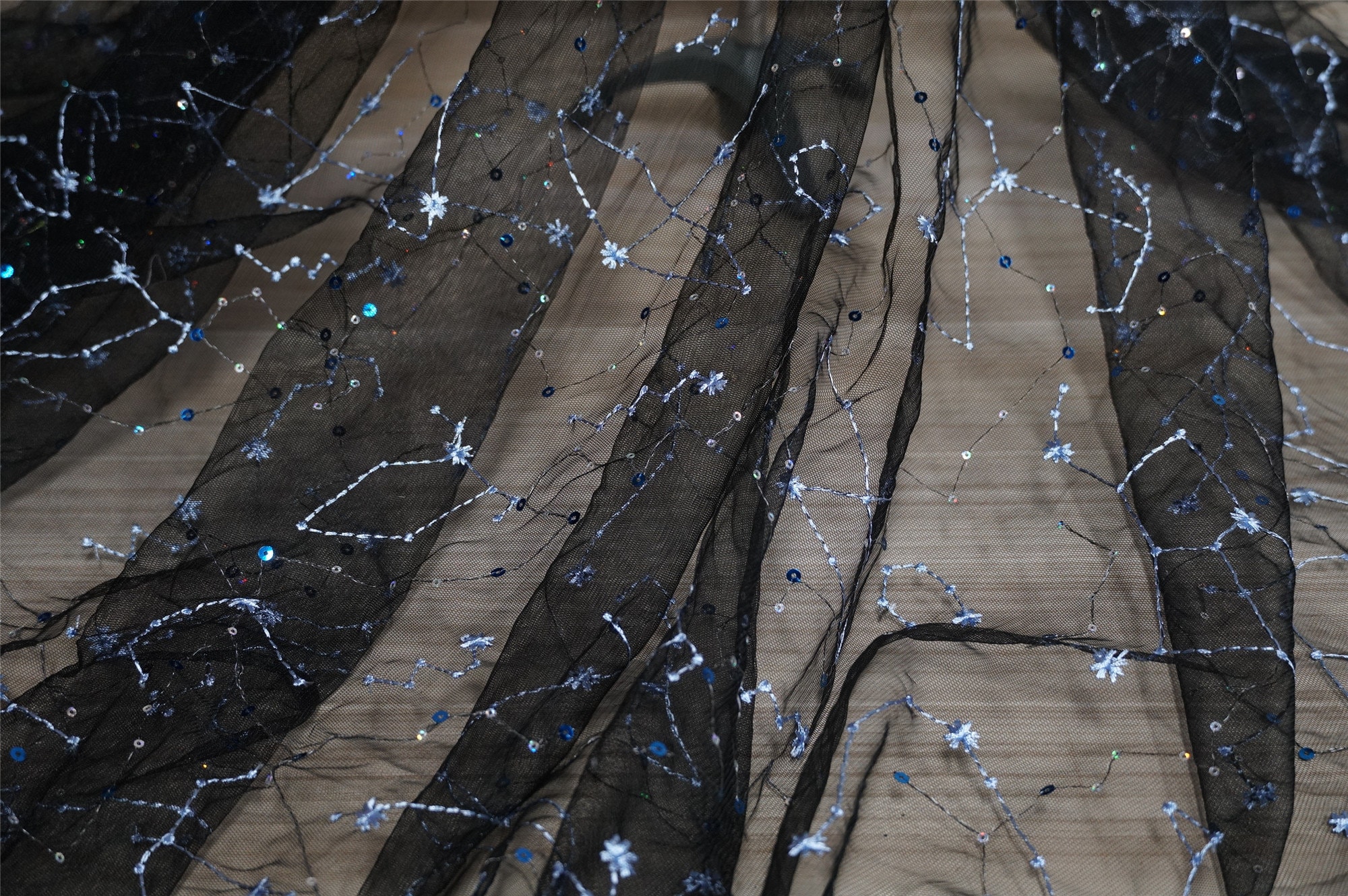 Unique Constellation Embroidery Lace Fabric, Sequins Navy Mesh Lace ...
