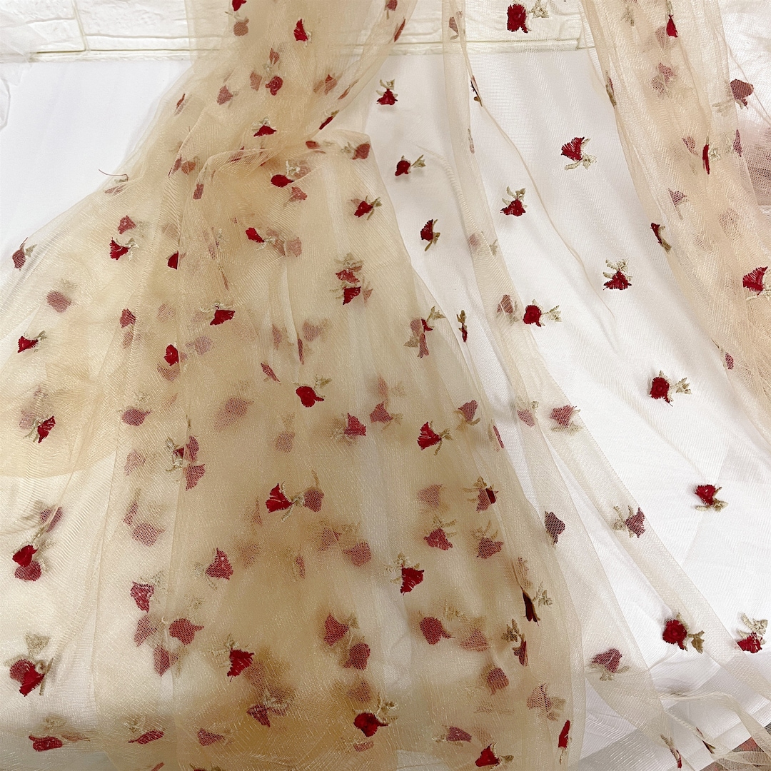 Adorable Red Rosebud Embroidery Lace Fabric, Light Brown Mesh Lace ...