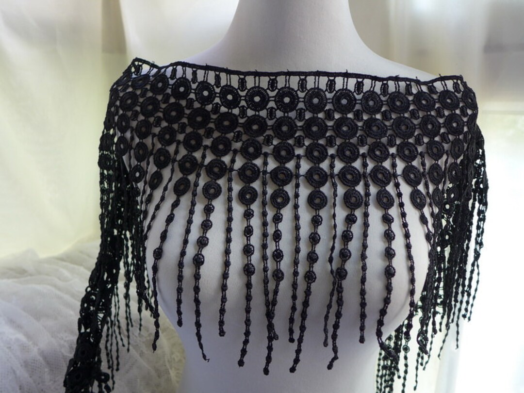 Black Lace Trim Victorian Fringe Lace Wide Black Dots Tassels Lace Trim ...