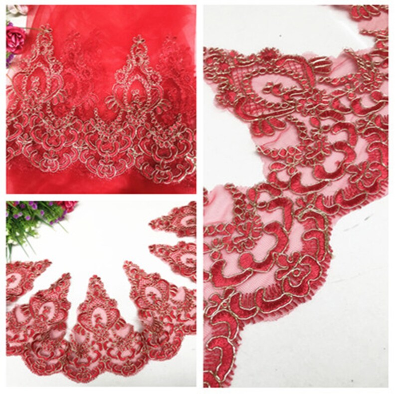 Red Gold Alencon Lace Trim, Red Lace Trim With Gold Thread Corded, Red ...
