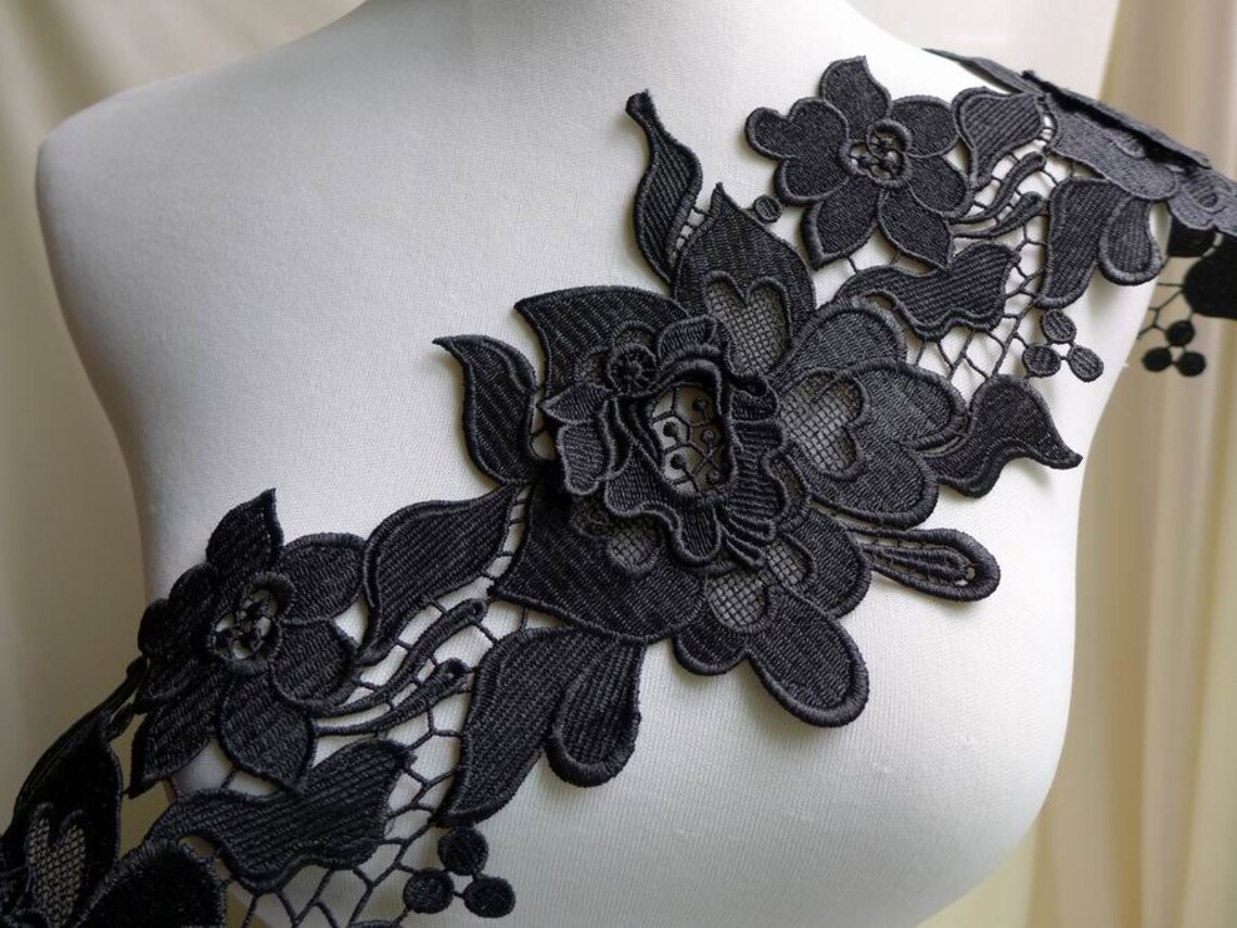 Black 3D Roses Flowers Lace Bridal Venice Lace Applique - Etsy UK