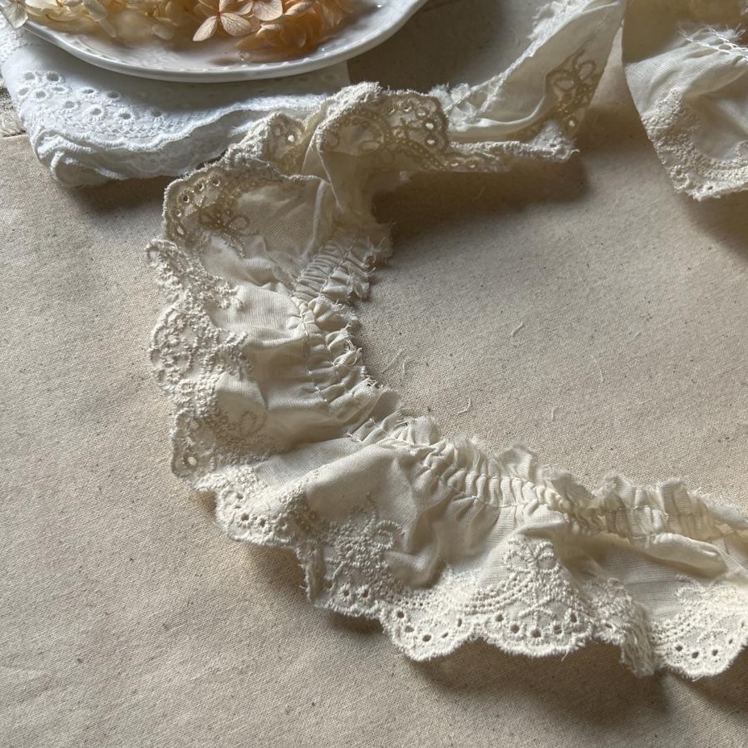 Cute! Dots Embroidery Cotton Trim in Beige, Scalloped Ruffled Trim ...