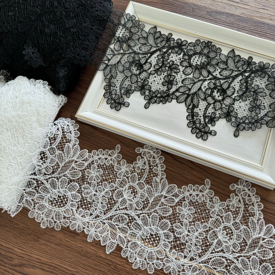 Nice Corded Floral Trim, Black/ White Leaf Flower Embroidery Lace Trim ...