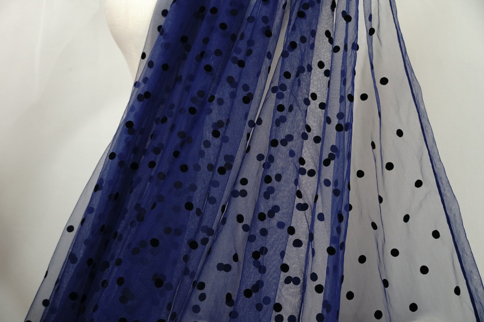 Navy Blue Tulle Fabric With Black Polka Dots, Tulle Mesh Fabric With ...