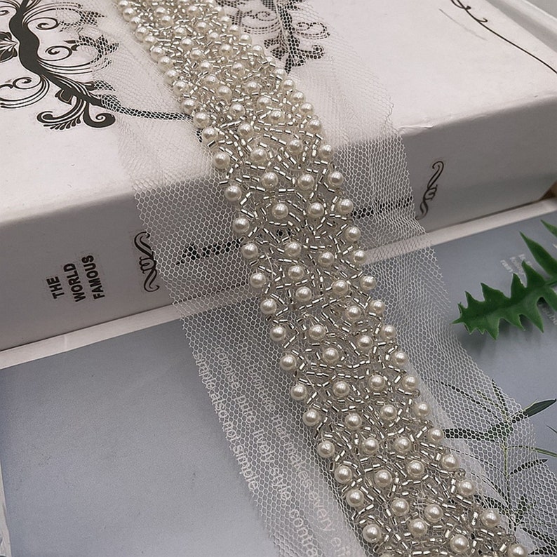 Wide Beaded Trim, Beaded Mesh Trim, Beaded Lace Trim, Pearl Beaded Trim ...