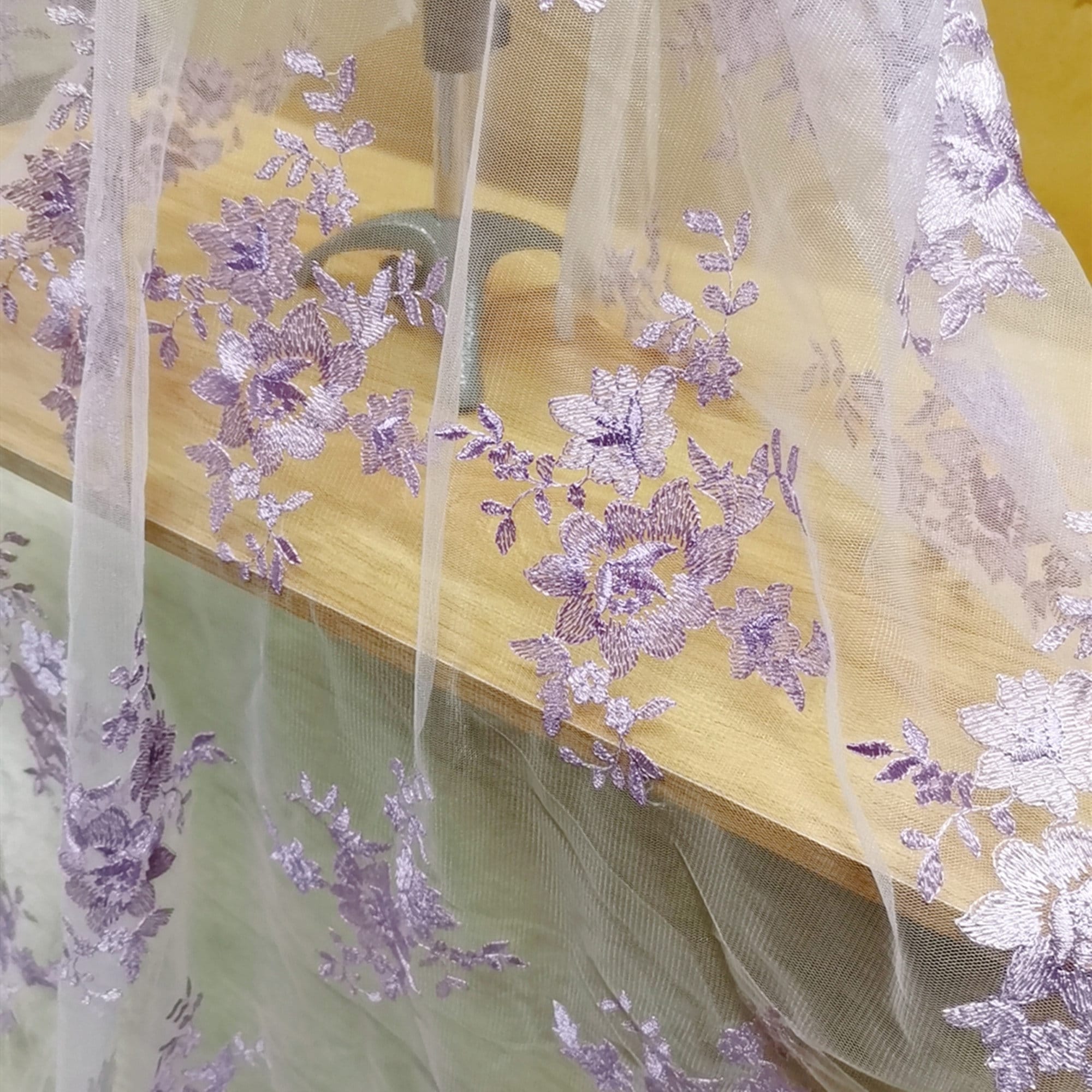 Light Purple Lace Fabric, Floral Embroidery Gauze Mesh Lace Fabric for ...
