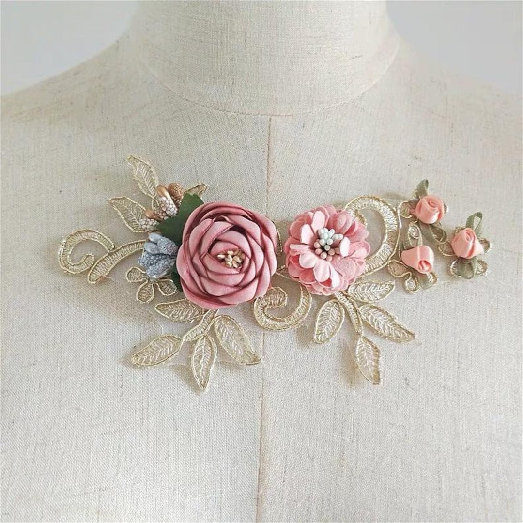 3D Rose Lace Applique, Pink Flowers With Corded Gold Thread Embroidery ...