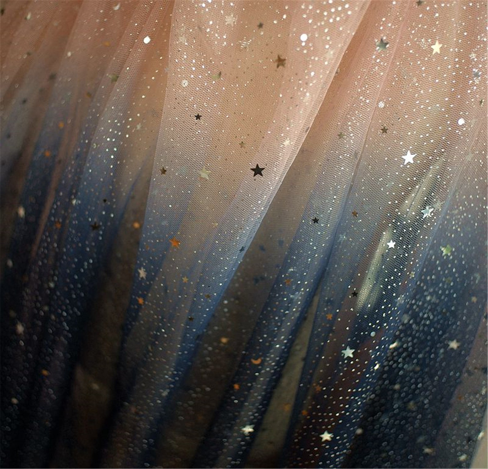 Gradient Tulle Fabric, Ombre Tulle Metallic Silver Moon and Star ...