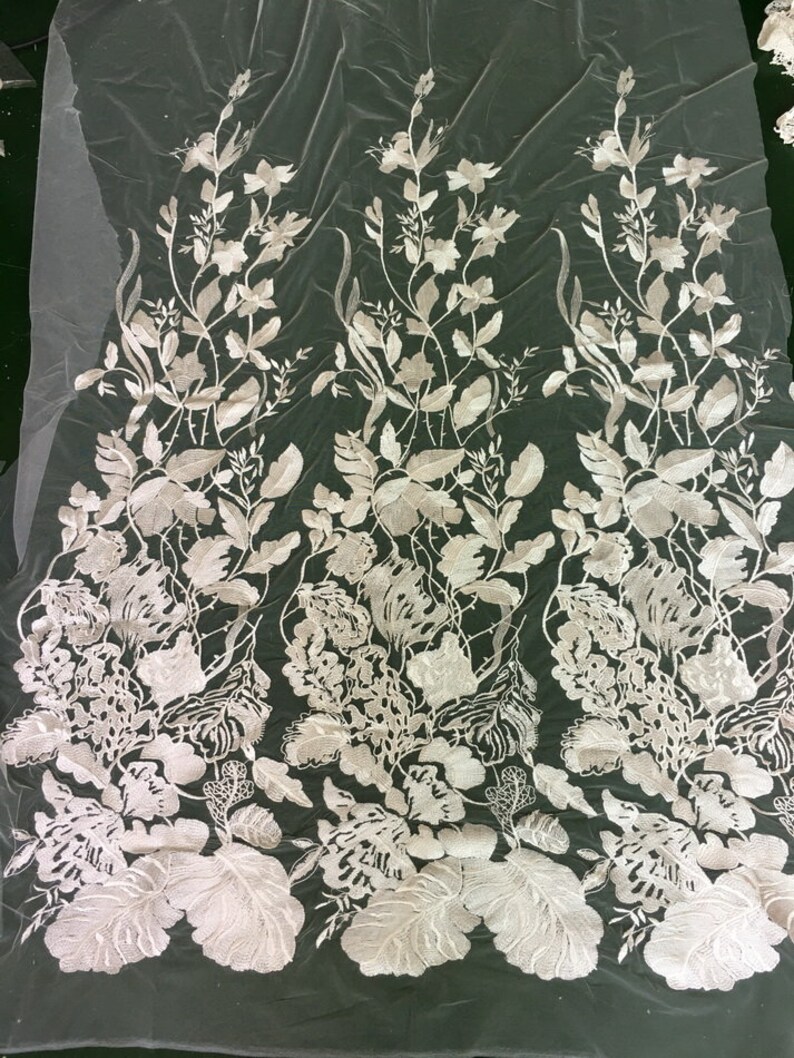 Ivory Leaf Floral Embroidered Lace Gauze Tulle Fabric for | Etsy