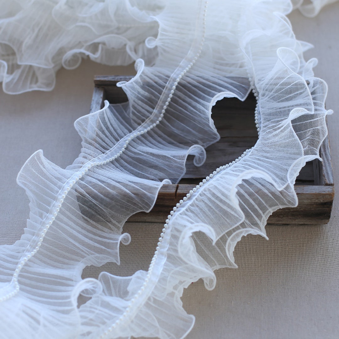 Ruffled Mesh Lace Trim With Beads, Ruffle Tulle Lace, Pleated Lace Trim ...