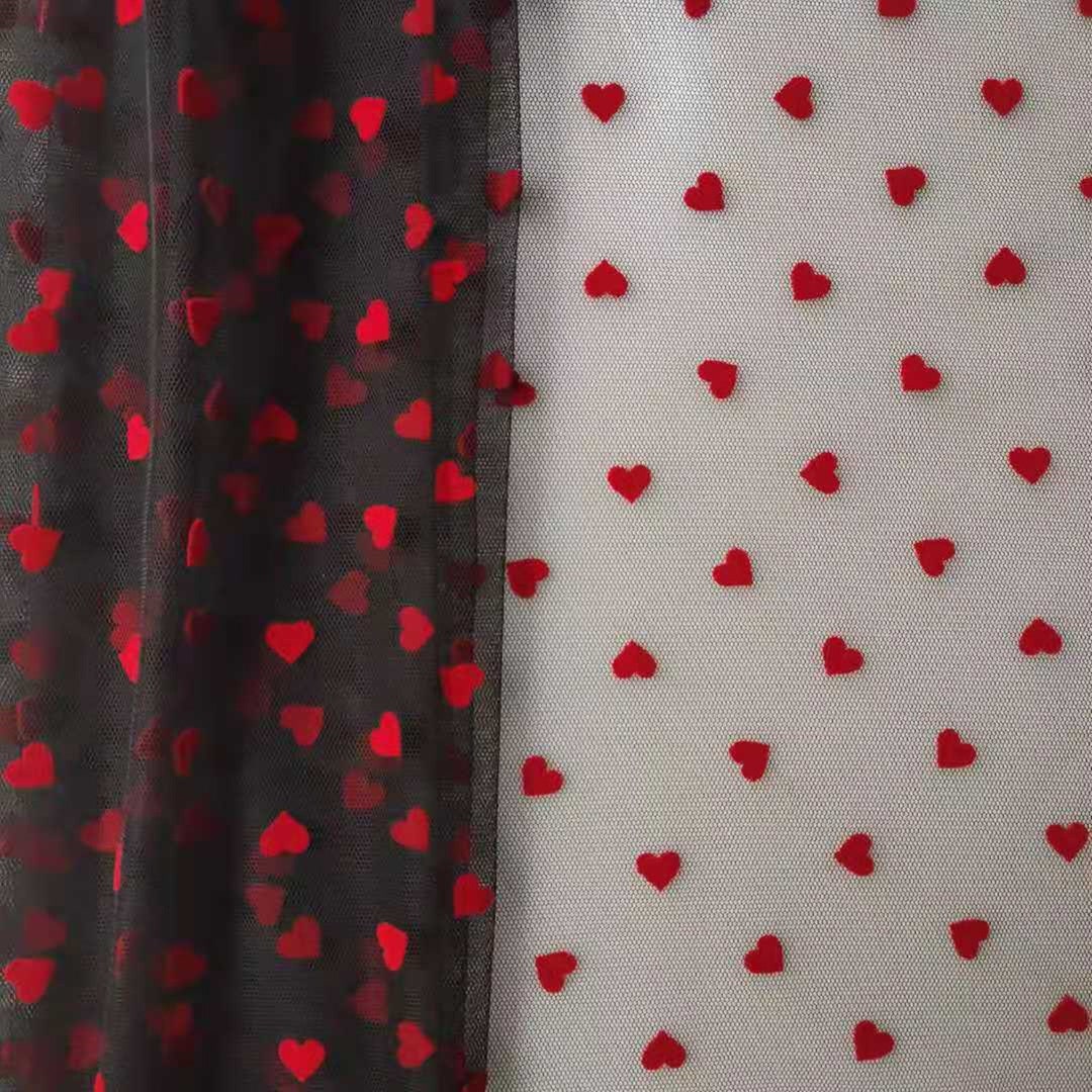 Red Heart Fabric, Flocked Heart Tulle Lace Fabric, Double-sided ...