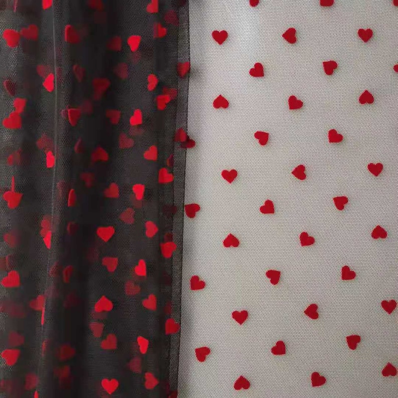 Red Heart Fabric Flocked Heart Tulle Lace Fabric | Etsy