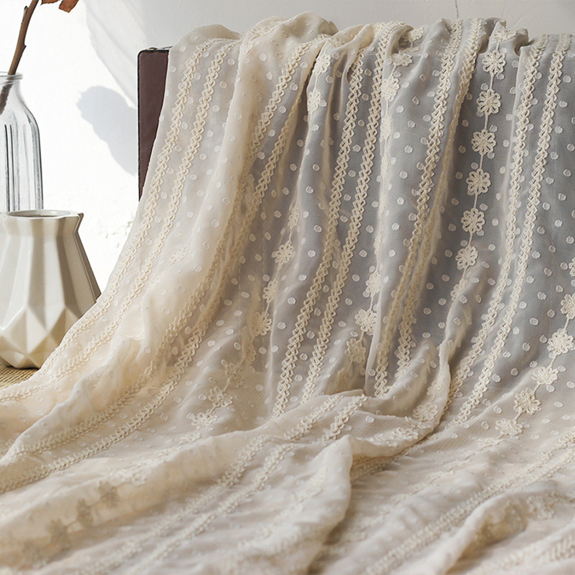 Stripe Floral Embroidery Chiffon Fabric Dotted Fabric | Etsy