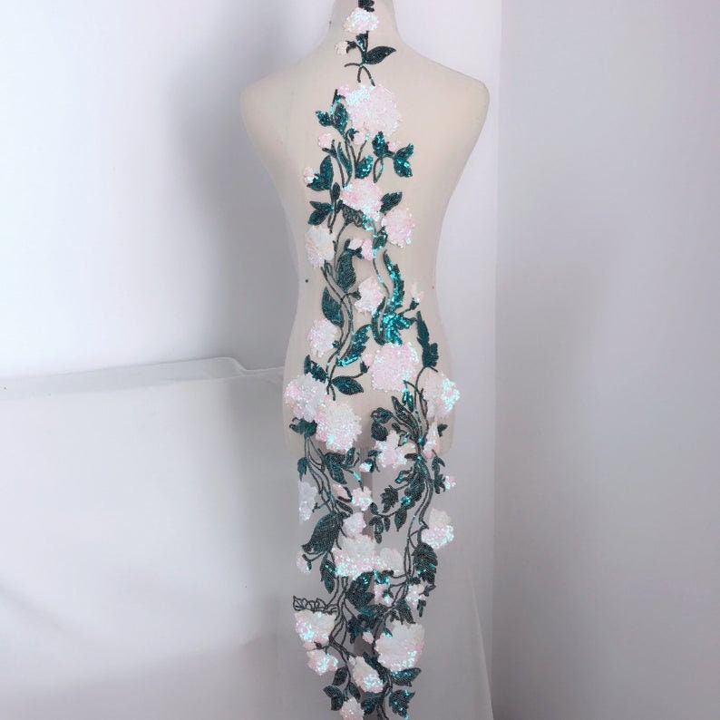 Large Sequined Rose Flower Lace Applique Dark Cyan Sequins | Etsy