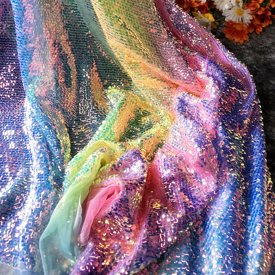 Ombre Rainbow Sequin Fabric, Colorful Sequins Fabric, Embroidery ...