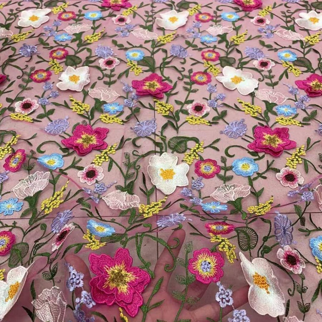 Vivid Colorful Flowers Embroidery Fabric, Leaf Branch Lace Fabric ...