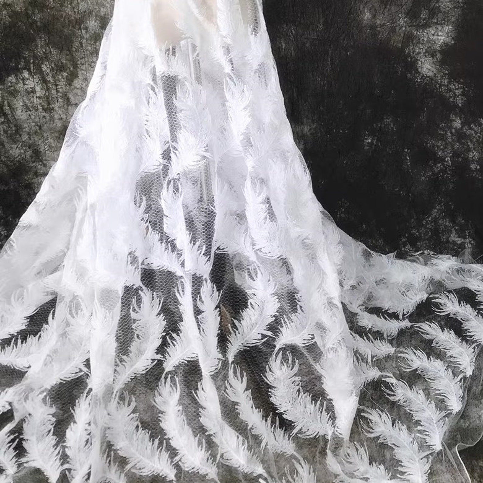 Black, White Feather Lace Fabric, Feather Embroidery Tulle Mesh Fabric ...