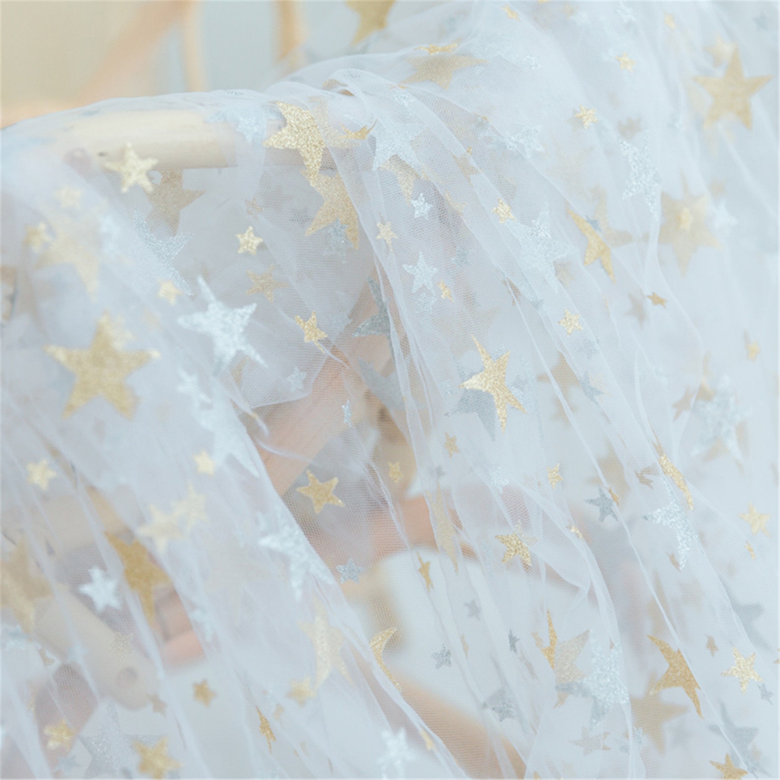 Star Lace Fabric, Glitter Star Lace Fabric, Gold and Silver Star Print ...