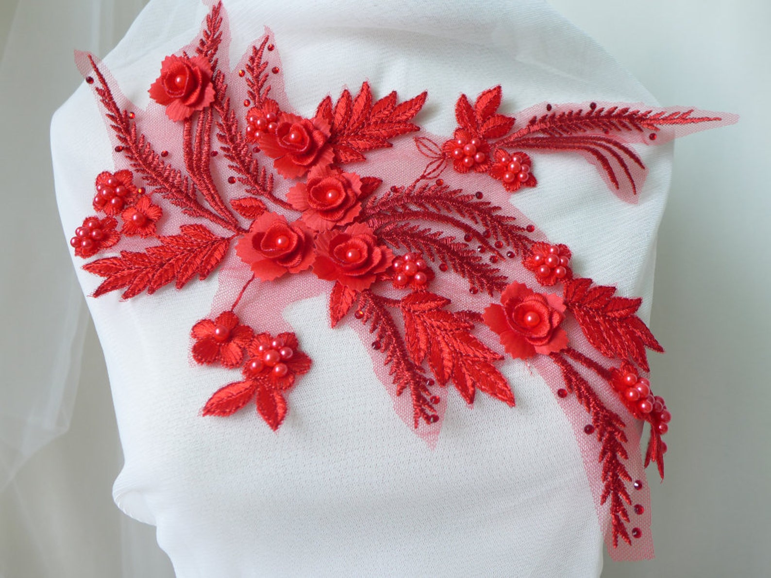 Beautiful 3D Flower Red Beaded Applique Embroidery Beaded | Etsy