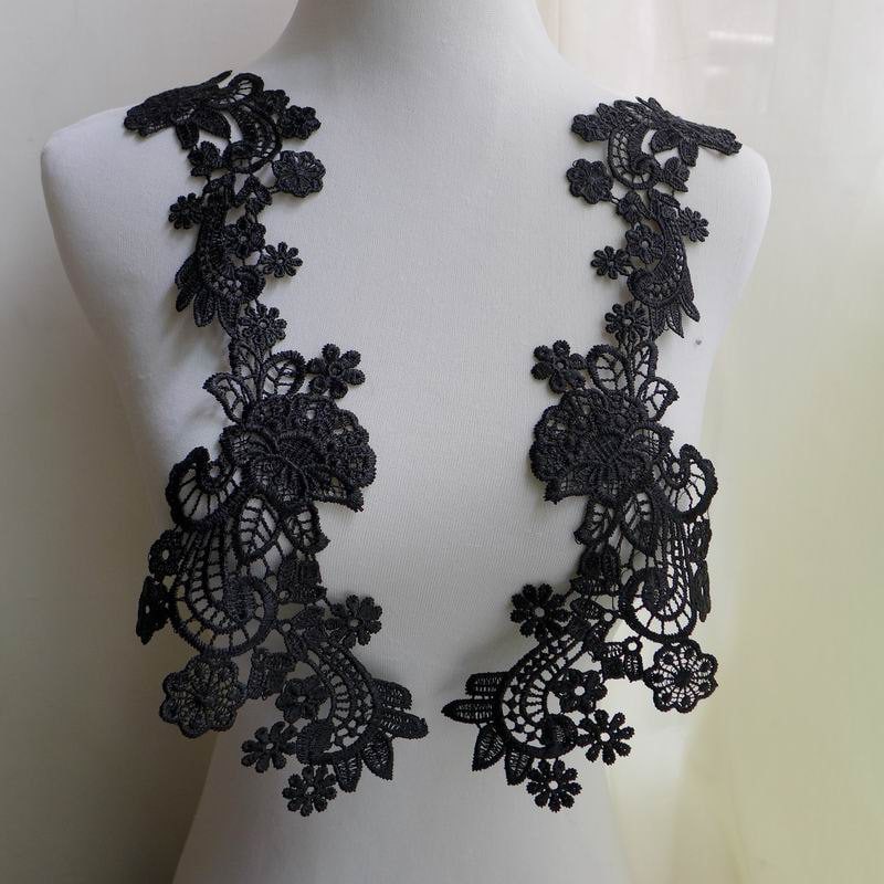 Black Bridal Lace Applique Pair for Lace Jewelry Supply, Gown, Costumes ...