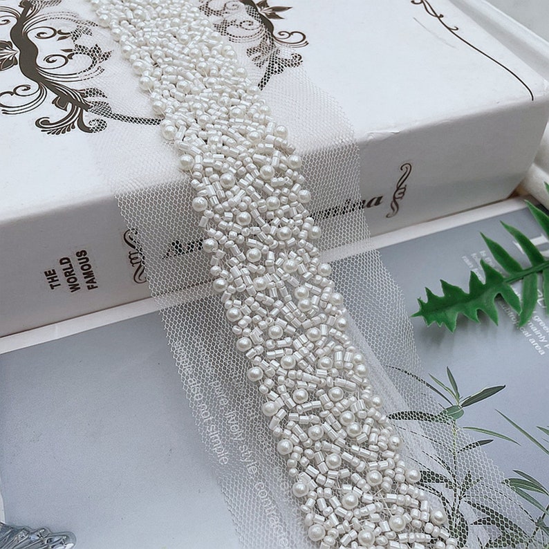 Wide Beaded Trim, Beaded Mesh Trim, Beaded Lace Trim, Pearl Beaded Trim ...