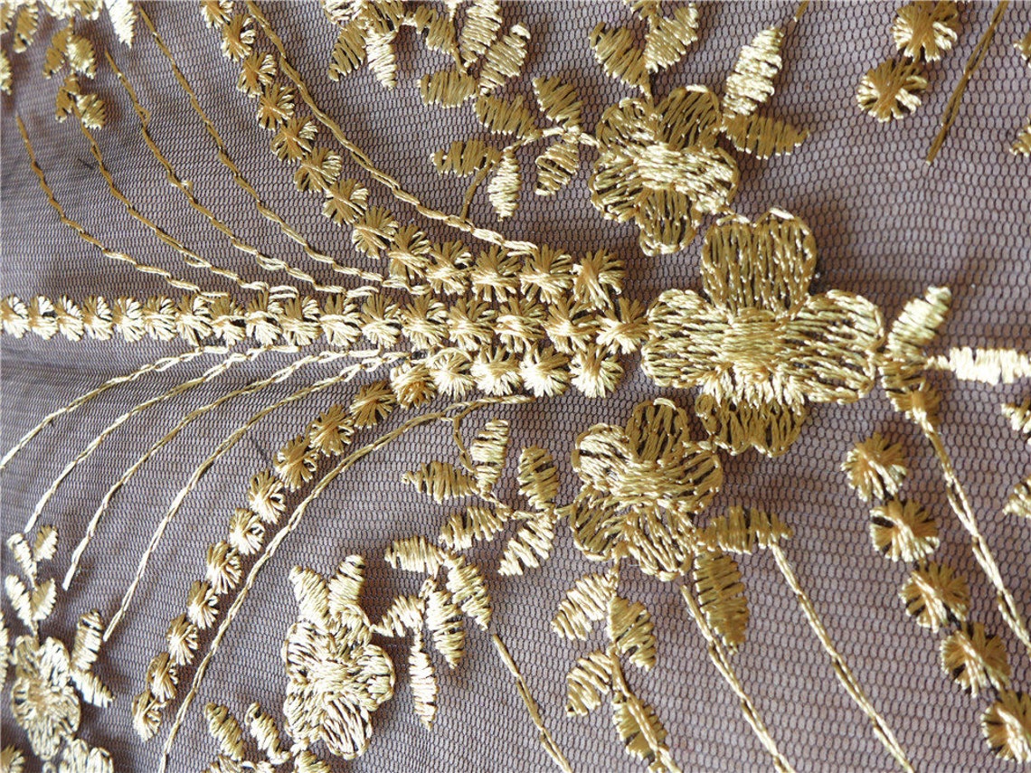 Gold Lace Fabric Vintage Gold Floral Embroidery Black Mesh | Etsy
