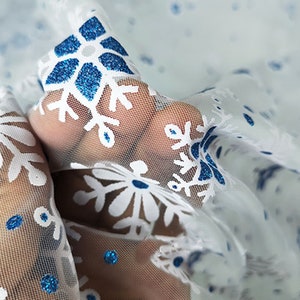 Frozen Print Blue White Snowflake Tulle Lace Fabric, Glitter Sheer Mesh ...